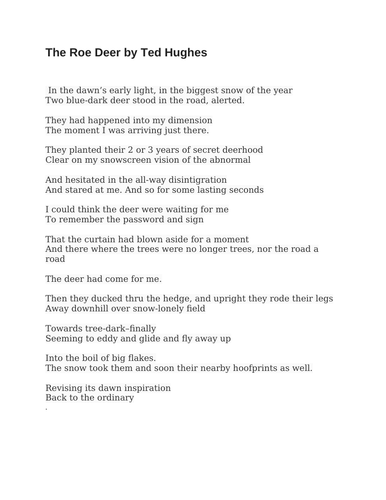 GCSE ENGLISH LITERATURE Ted Hughes poetry anthology "Roe Deer" level 9 ...