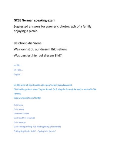 GCSE GERMAN Speaking exam: photo card questions and suggested answers ...