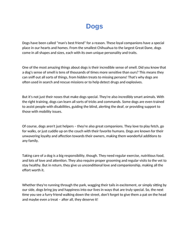 Dogs : Reading Comprehension Questions With Answers - Quiz / Test ...