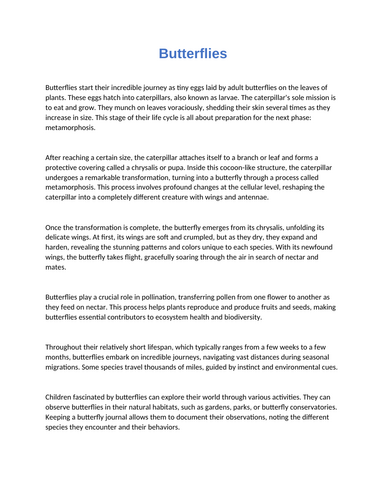 Butterflies : Reading Comprehension Questions With Answers - Quiz ...