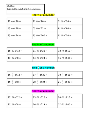Find 1/2, 1/4, 2/4 and 3/4 of a number | Teaching Resources