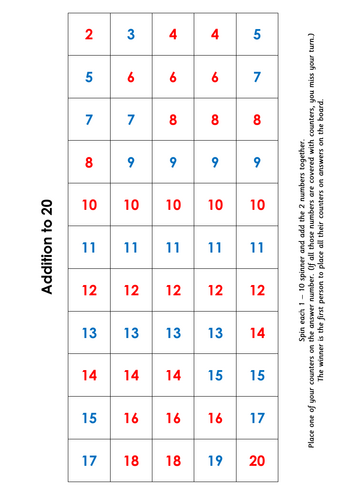 Addition to 20 game | Teaching Resources