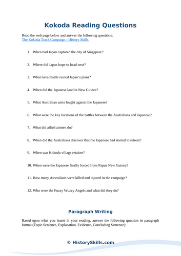 Kokoda Track Campaign of WWII Reading Questions Worksheet | Teaching ...