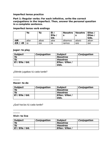 Imperfect tense practice (Homework, Classwork, Quiz) | Teaching Resources