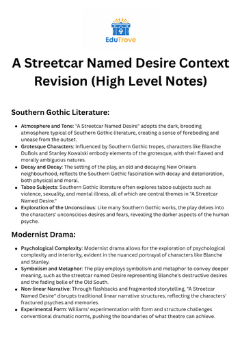 A Streetcar Named Desire Context Revision (High Grade Notes) | Teaching ...