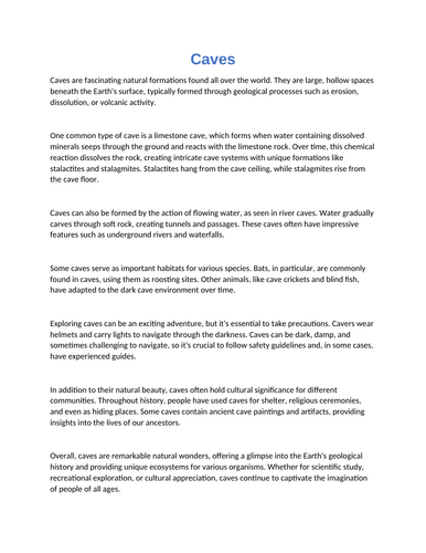 Caves : Reading Comprehension Questions With Answers - Quiz / Test ...