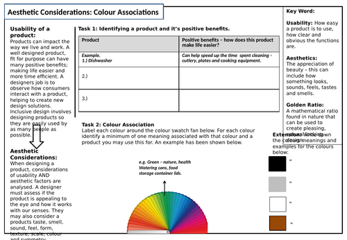 Design Technology Cover work/worksheet - Design Considerations - Colour ...