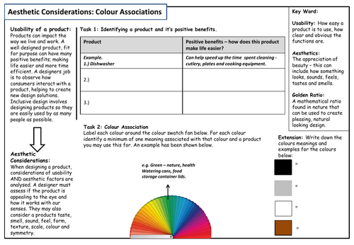 Design Technology Cover work/worksheet - Design Considerations - Colour ...