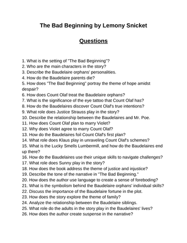 The Bad Beginning. Reading Comprehension Questions, Multiple-choice ...