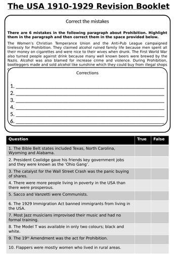 Eduqas GCSE History USA 1910-1929 REVISION ACTIVITY BOOKLET | Teaching ...