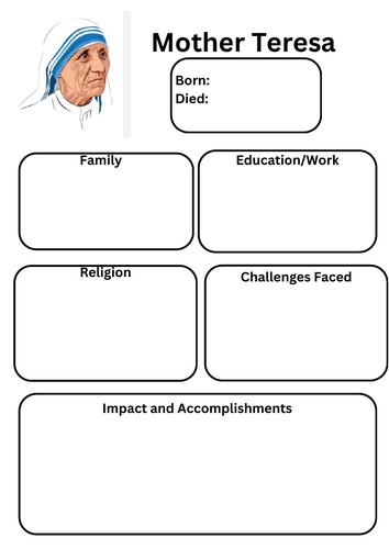 Mother Teresa Factfile Worksheet | Teaching Resources
