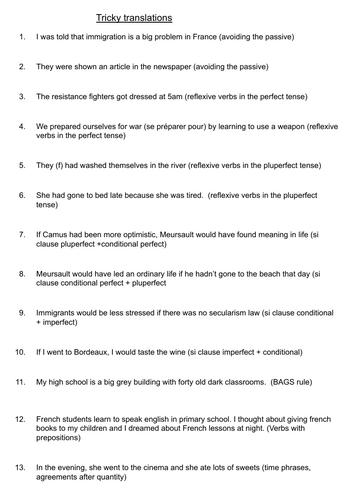 A level French translation minefields worksheet | Teaching Resources