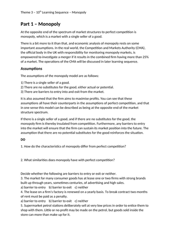 A Level Economics - Monopoly | Teaching Resources