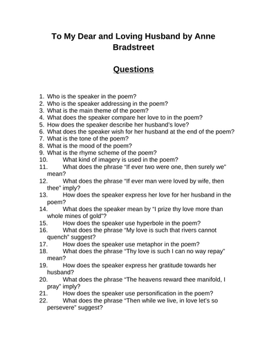 To My Dear and Loving Husband. Reading Comprehension Questions ...