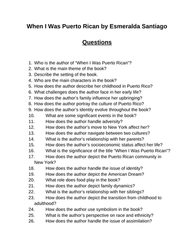 When I Was Puerto Rican. Reading Comprehension Questions, Multiple ...