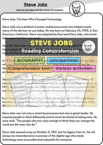 Steve Jobs biography , reading comprehension , information text ...