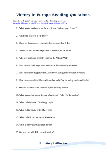 Allied Victory in WWII Europe Reading Questions Worksheet | Teaching ...