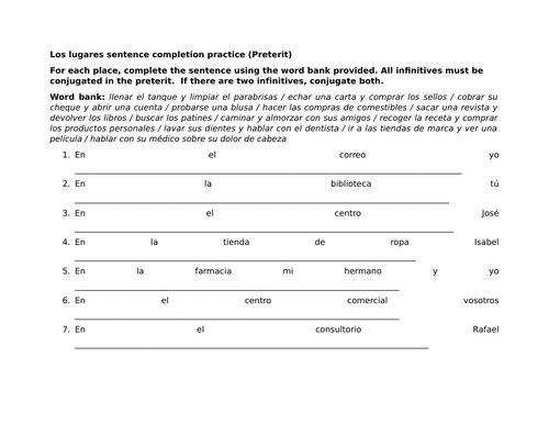 Los lugares sentence completion practice (Preterit) | Teaching Resources