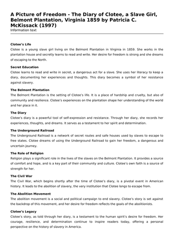 A Picture of Freedom - The Diary of Clotee, a Slave Girl, Belmont ...