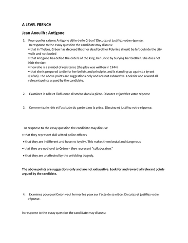 Jean Anouilh : Antigone: A LEVEL FRENCH EXAM QUESTIONS | Teaching Resources