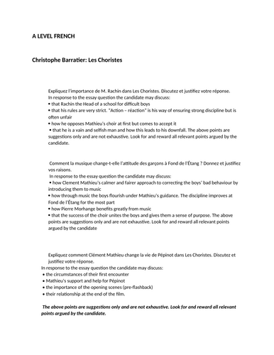 Les Choristes : a collection of A Level French essay questions ...