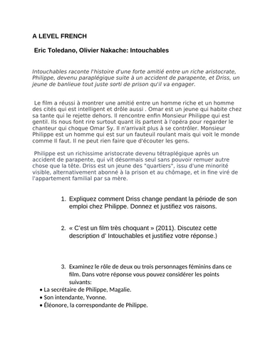 Intouchables: A LEVEL FRENCH exam questions | Teaching Resources