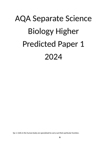 AQA GCSE Separate Biology Higher Paper 1 predicted paper 2024 ...