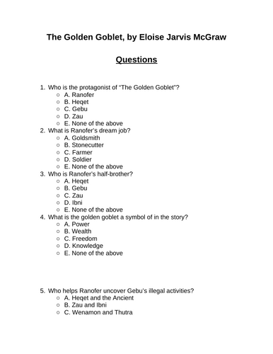The Golden Goblet. Reading Comprehension Questions, Multiple-choice ...
