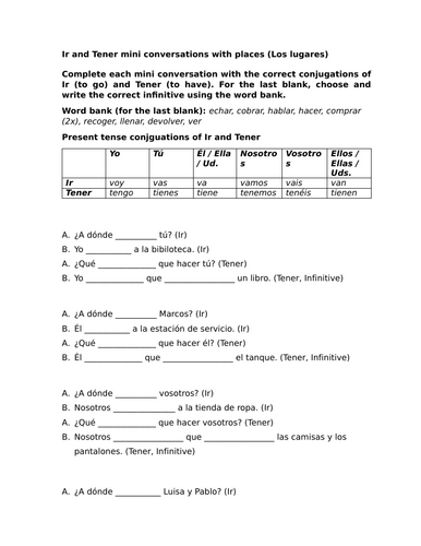 Ir and Tener mini conversations with places (Los lugares) | Teaching ...