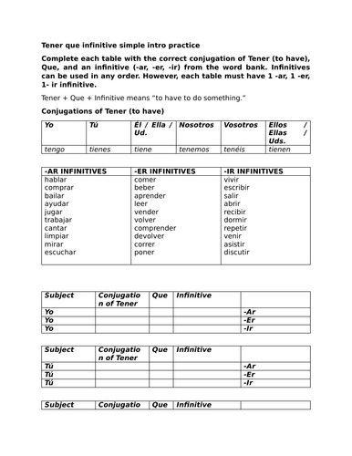 Tener que infinitive simple intro practice | Teaching Resources