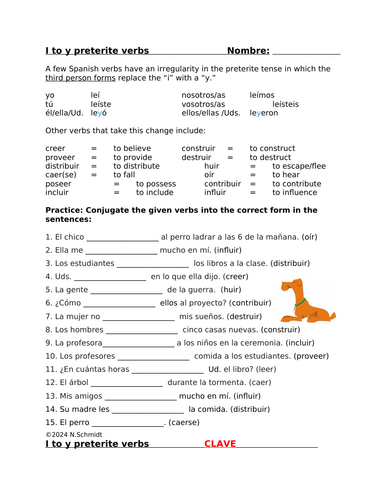 I to Y preterite verbs in Spanish Handout / Worksheet /Reading ...