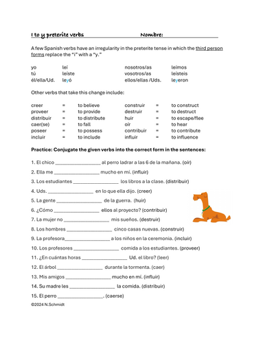 I to Y preterite verbs in Spanish Handout / Worksheet /Reading ...