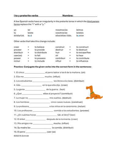 I to Y preterite verbs in Spanish Handout / Worksheet | Teaching Resources