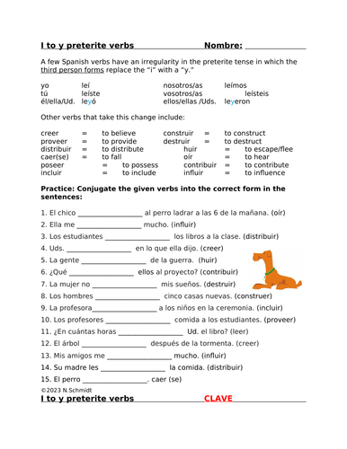 I to Y preterite verbs in Spanish Handout / Worksheet | Teaching Resources