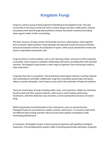 Kingdom Fungi : Reading Comprehension Questions With Answers - Quiz ...