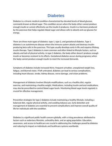 Diabetes : Reading Comprehension Questions With Answers - Quiz / Test ...