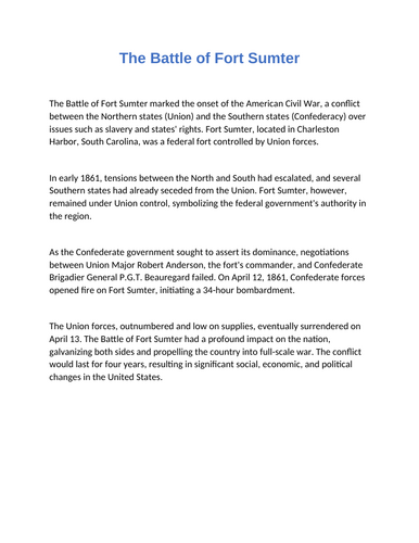 The Battle of Fort Sumter : Reading Comprehension Questions With ...