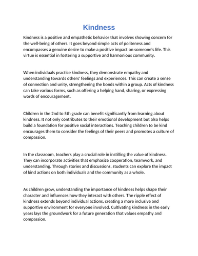 Kindness : Reading Comprehension Questions With Answers - Quiz / Test ...