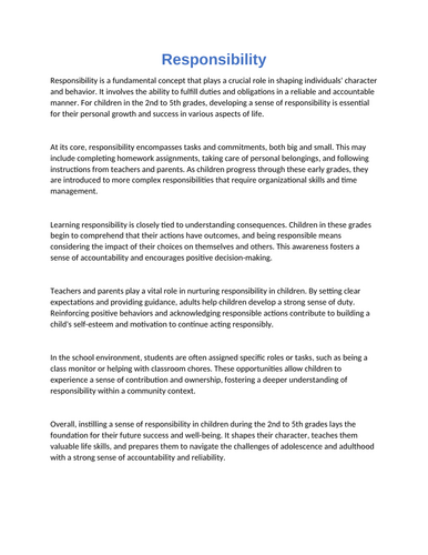 Responsibility : Reading Comprehension Questions With Answers - Quiz ...