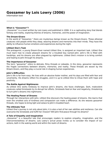 Gossamer by Lois Lowry (2006) | Teaching Resources