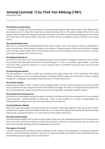 Jumanji (Jumanji, 1) by Chris Van Allsburg (1981) | Teaching Resources