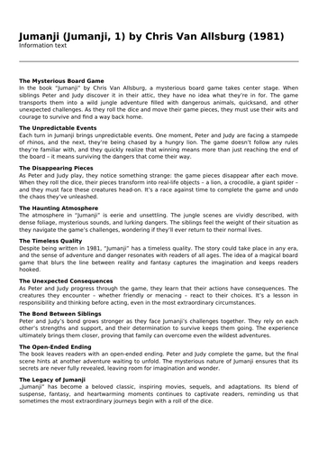 Jumanji (Jumanji, 1) by Chris Van Allsburg (1981) | Teaching Resources