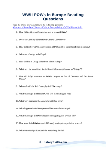 WWII POWs in Europe Reading Questions Worksheet | Teaching Resources