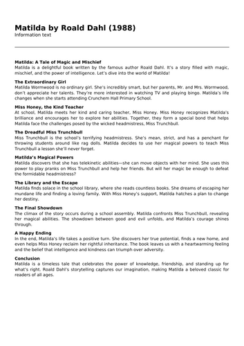 Matilda by Roald Dahl (1988) | Teaching Resources