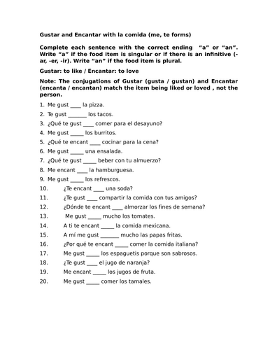 Gustar and Encantar with la comida (me, te forms) | Teaching Resources
