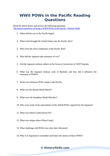 WWII POWs in the Pacific Reading Questions Worksheet | Teaching Resources