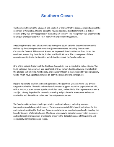 Southern Ocean : Reading Comprehension Questions With Answers - Quiz ...