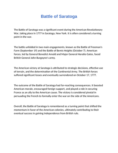 Battle of Saratoga : Reading Comprehension Questions With Answers ...
