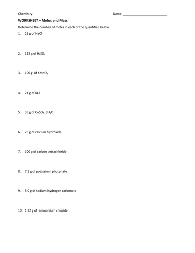 WORKSHEET – Moles and Mass | Teaching Resources