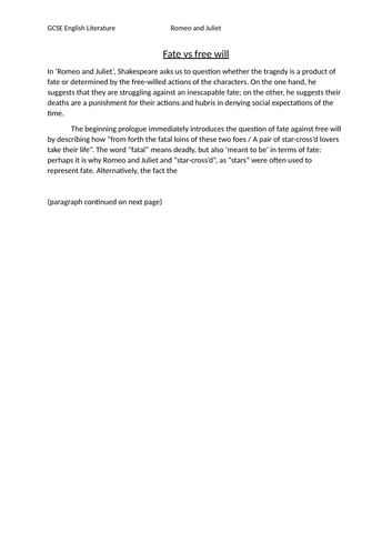 GCSE FULL MARKS, FATE VS FREE WILL IN R+J ESSAY | Teaching Resources
